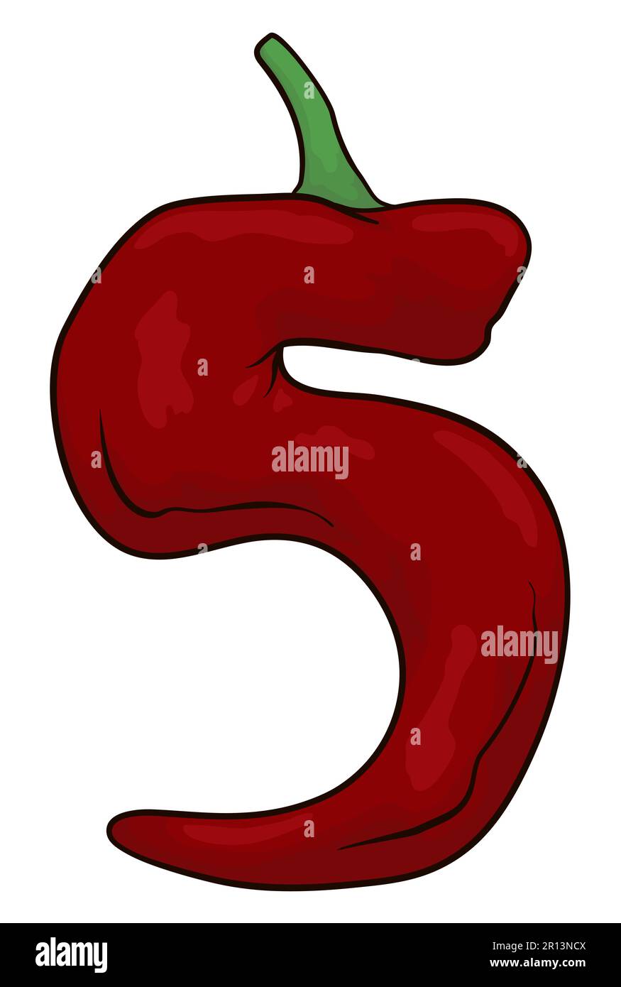 Number five made with a red chili pepper. Cartoon style design on white ...