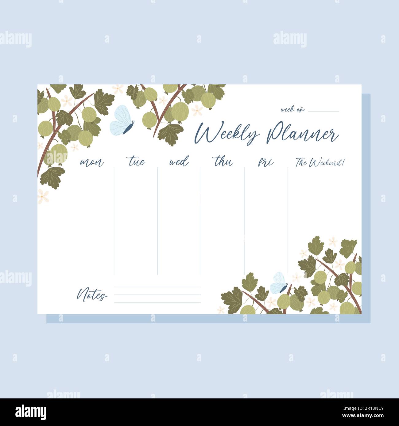 Printable weekly planner concept with green gooseberry plant illustration, vector Stock Vector ...