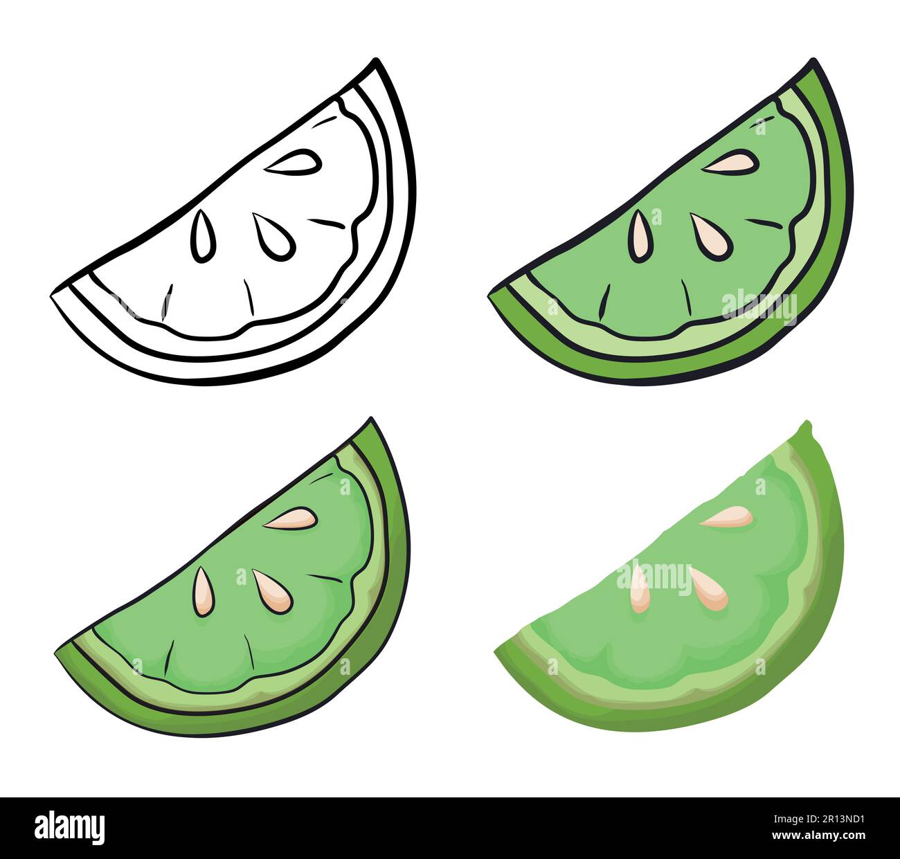 Four variations of a slice of lemon: one in outlines for coloring, one ...
