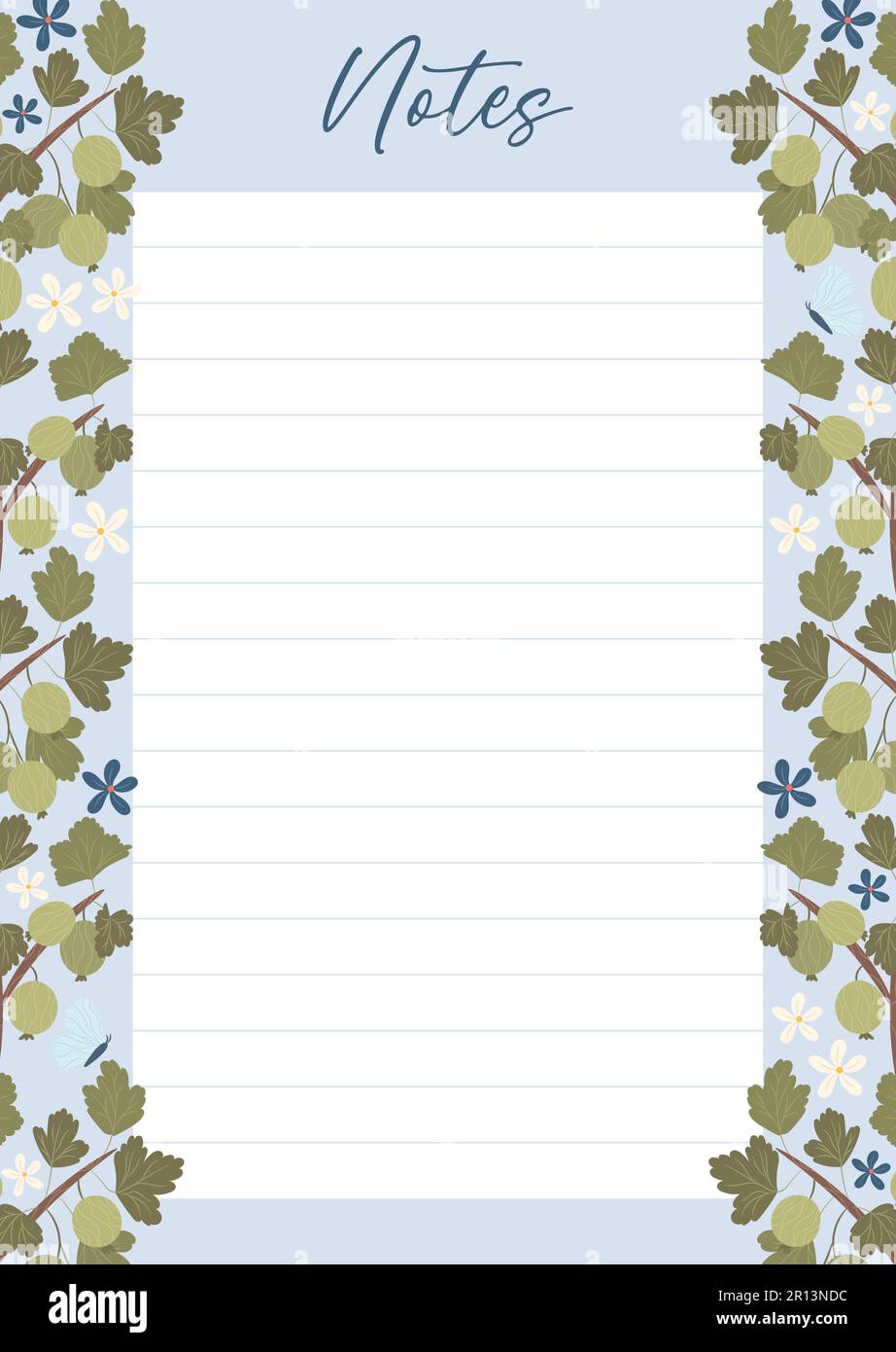 Printable notes concept with green gooseberry plant illustration ...