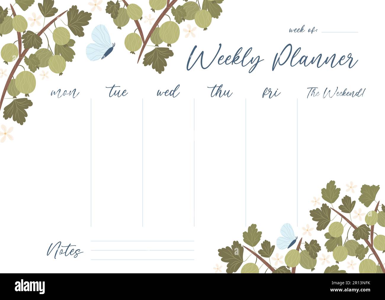 Printable weekly planner concept with green gooseberry plant ...