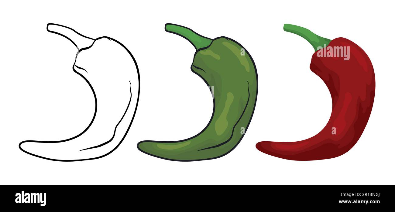 Three chili peppers in different variations: first in outlines for ...