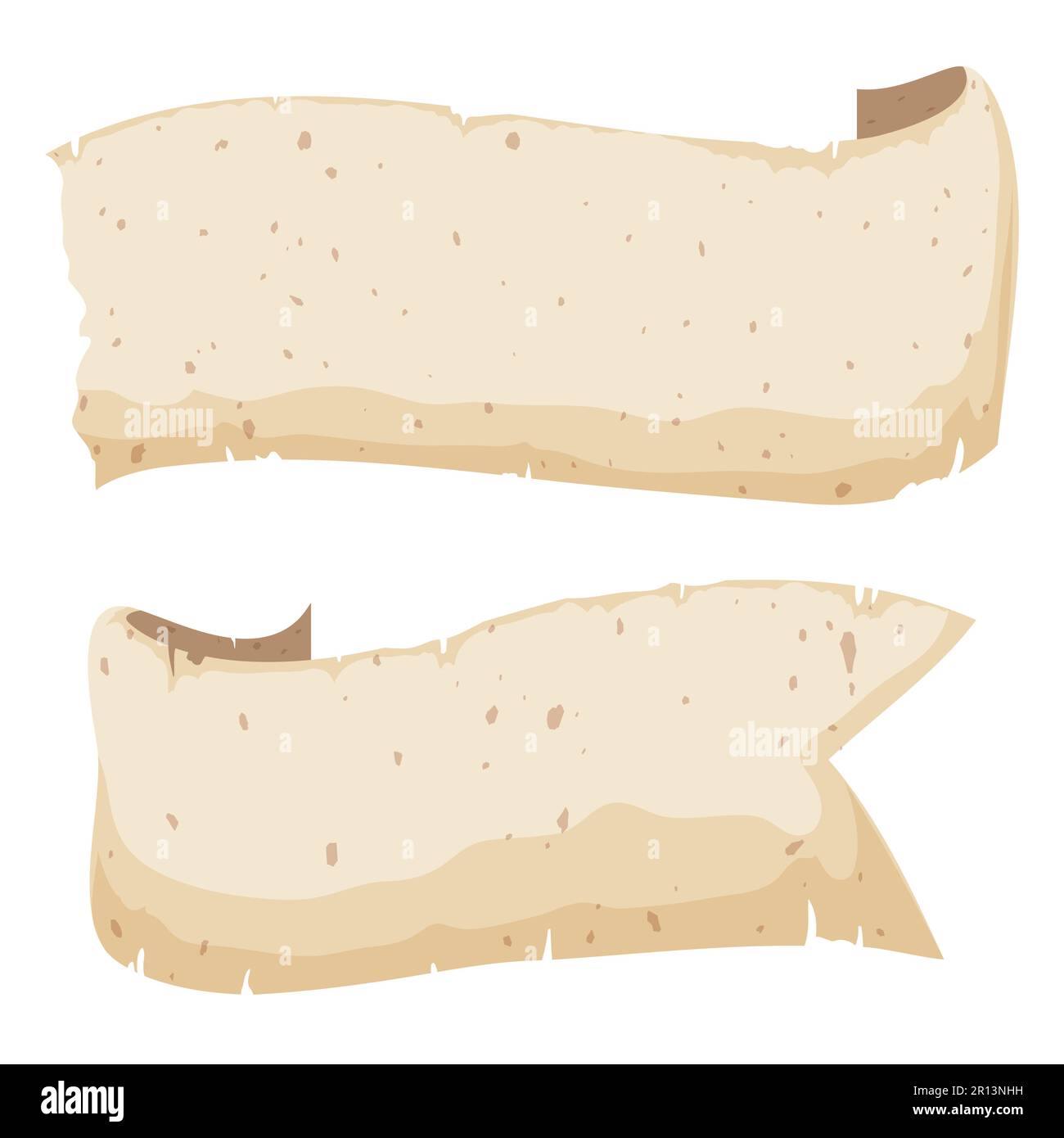 Two folded parchment labels with torn edges and blank space. Cartoon ...