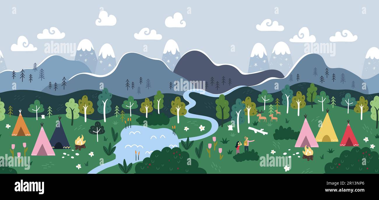 Cute hand drawn map with mountains, tents, trees, hills. Simple ...