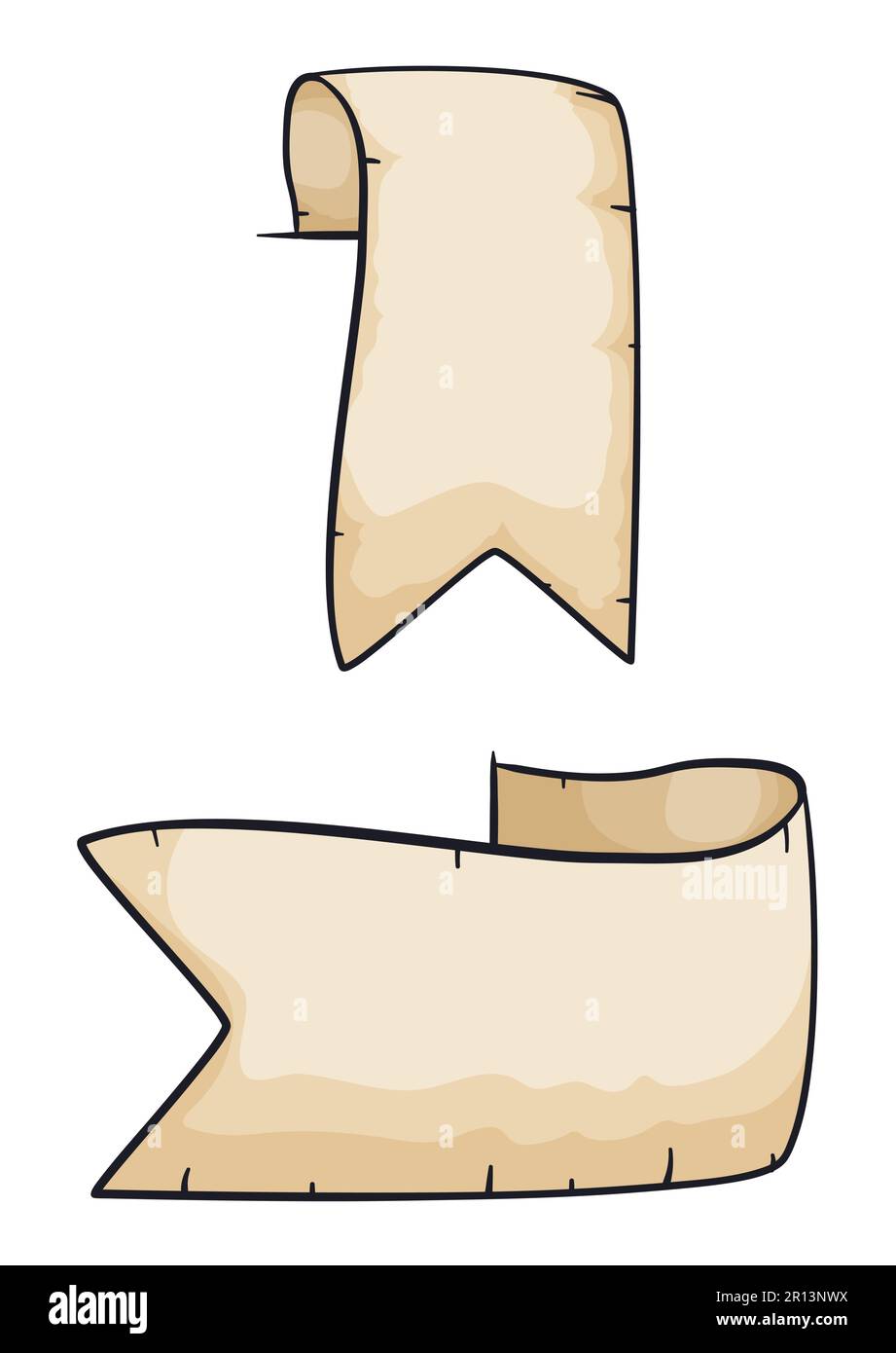 Two ribbons or bookmarks made with aged parchment paper. Cartoon style ...