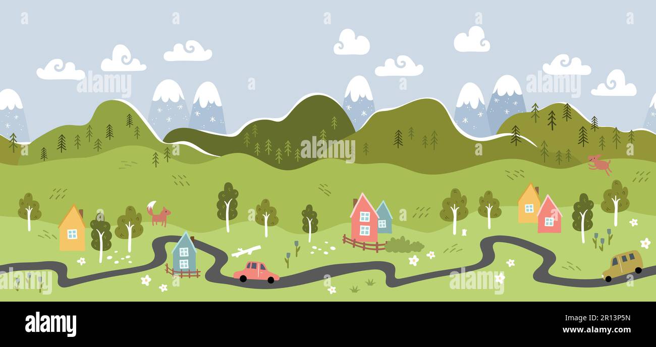 Cute hand drawn map with mountains, tents, trees, hills. Simple ...