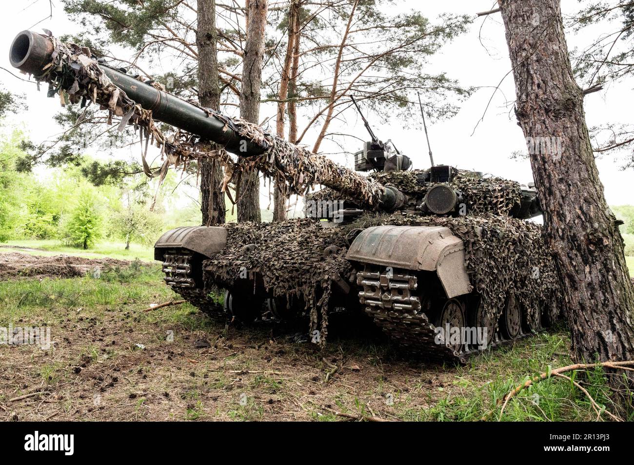Ukrainian T-64 tank hidden in a forest somewhere near Kivsharivka, Ukraine (exact location ...