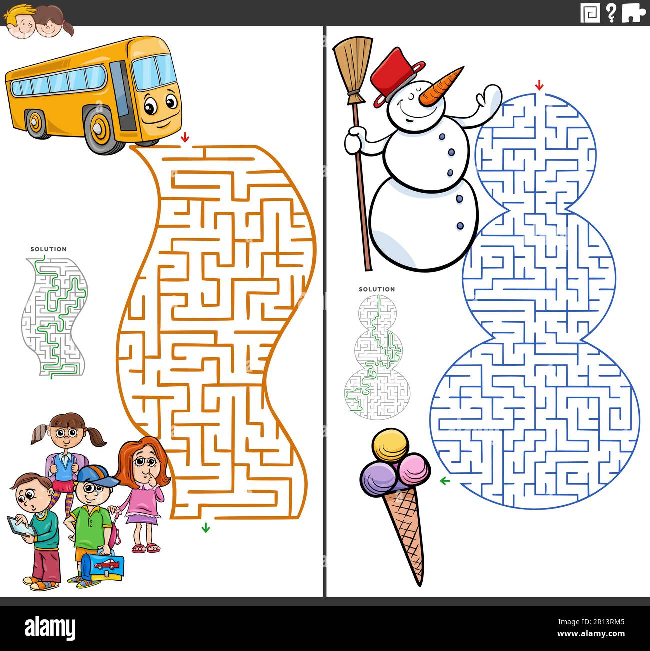 Cartoon illustration of educational maze puzzle games set with comic ...