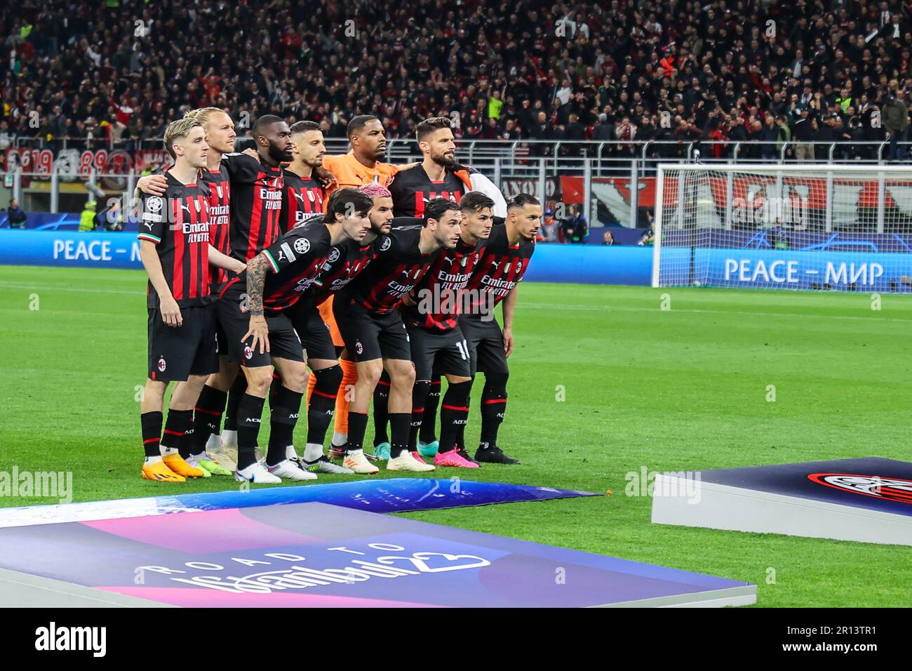 Milan, Italy. 10th May, 2023. AC Milan players line up during UEFA Champions League 2022/23 Semi ...