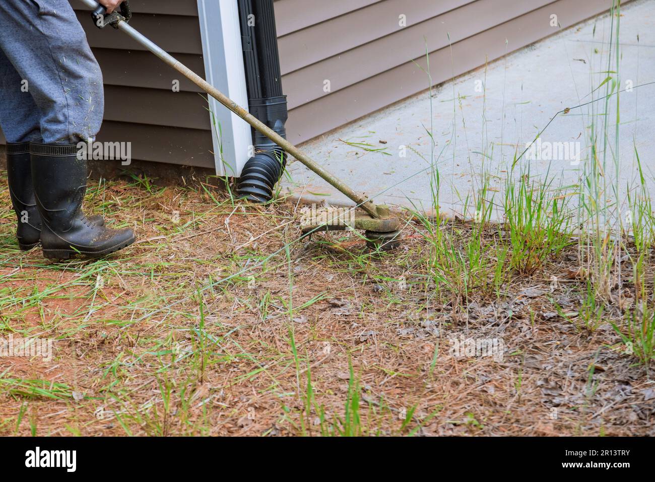 Worker with lawn mower trims lawn from residential building lawn around ...