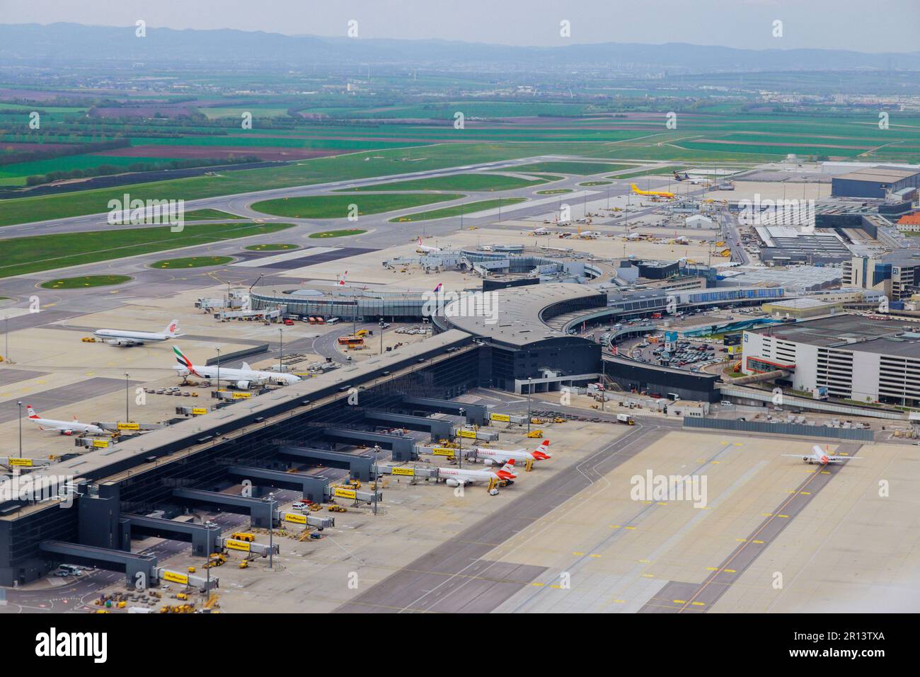 MAY 27 2023 Vienna Austria. At VIE international airport, an aerial ...
