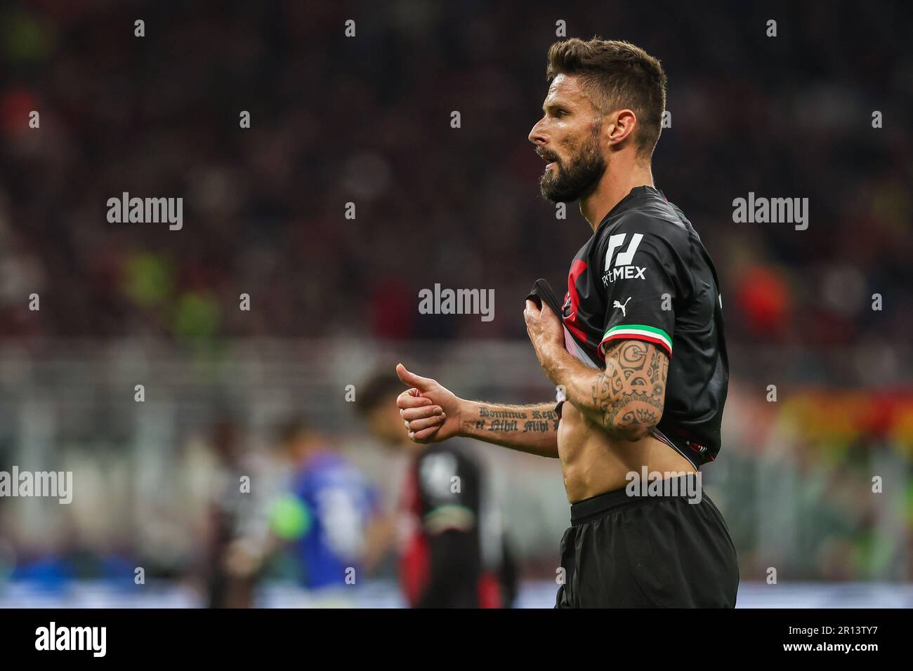 Milan, Italy. 10th May, 2023. Olivier Giroud of AC Milan gestures during UEFA Champions League ...