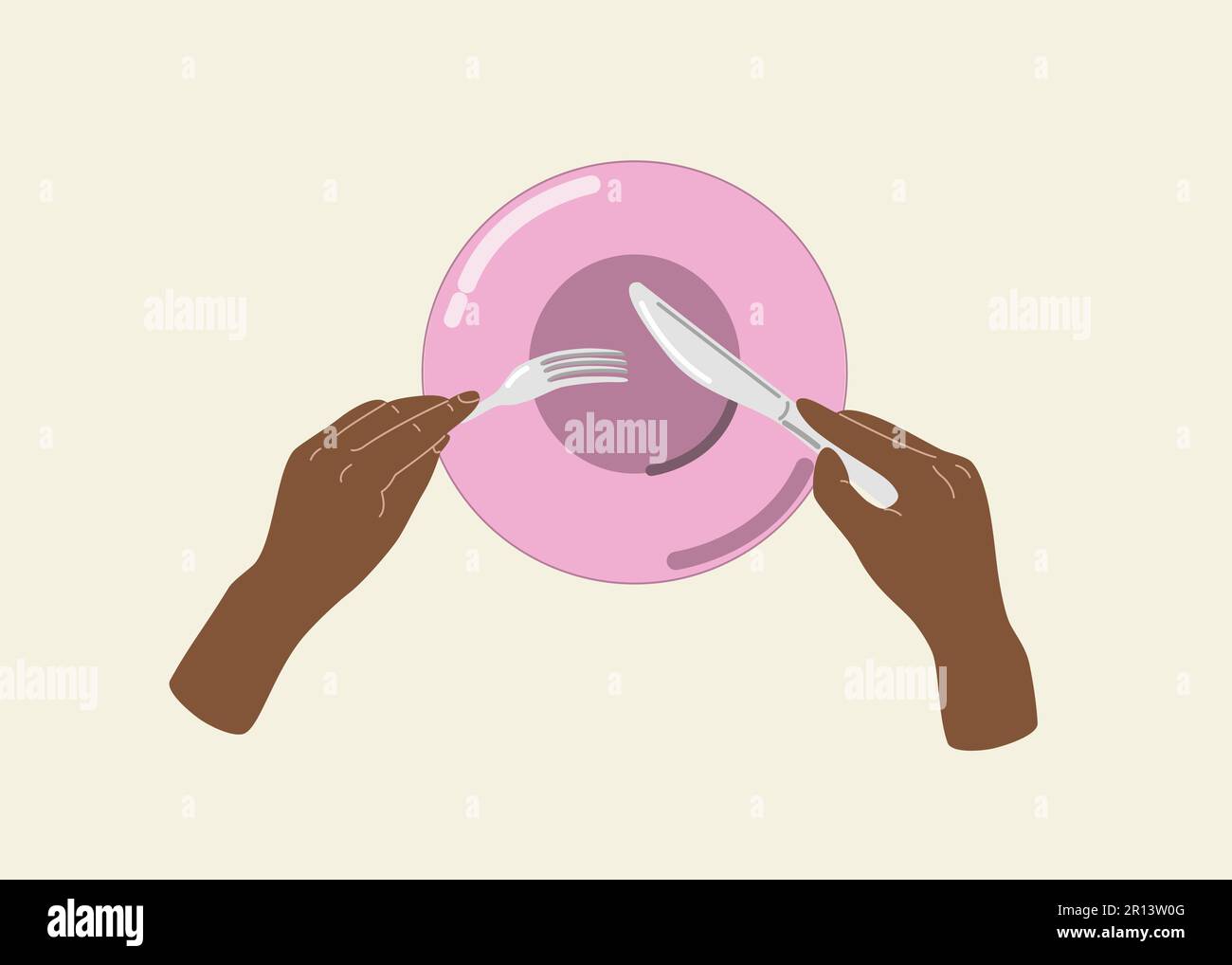 People hands eating close up vector illustration. Palms using fork and ...