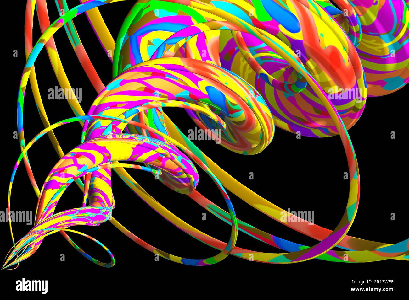 Unique spiral, rainbow, multi colored design. Black background with ...