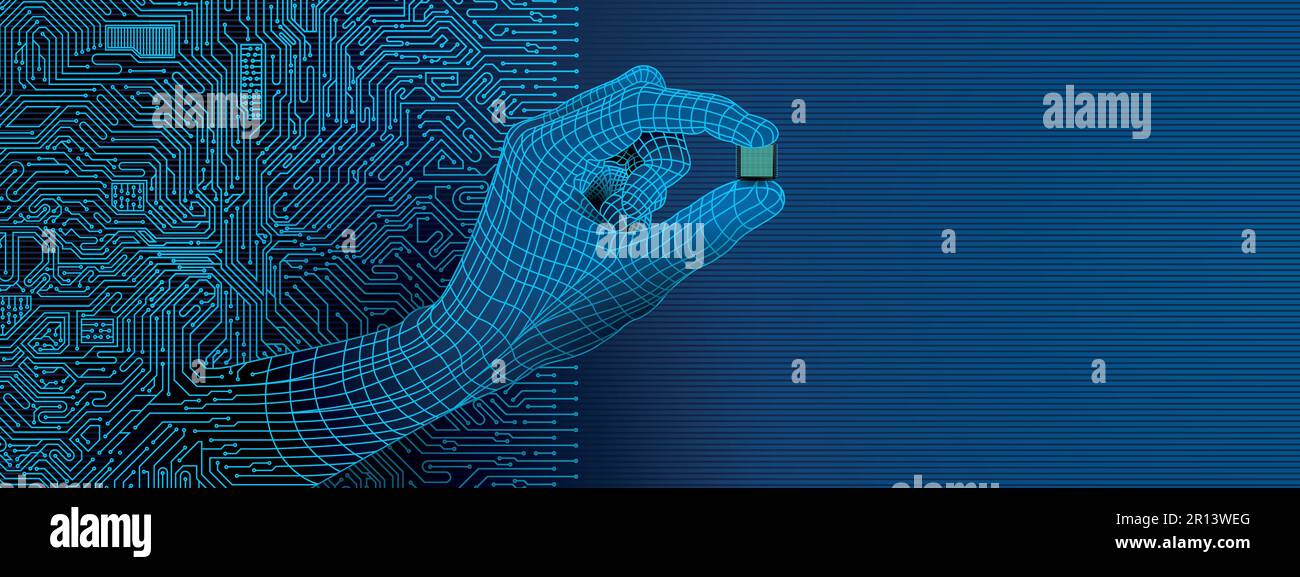 Hand comes out of a circuit board holding between his fingers a ...