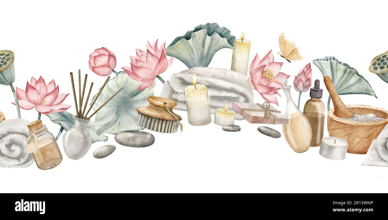 Spa seamless Border with body care Cosmetic, towels and flacons on ...