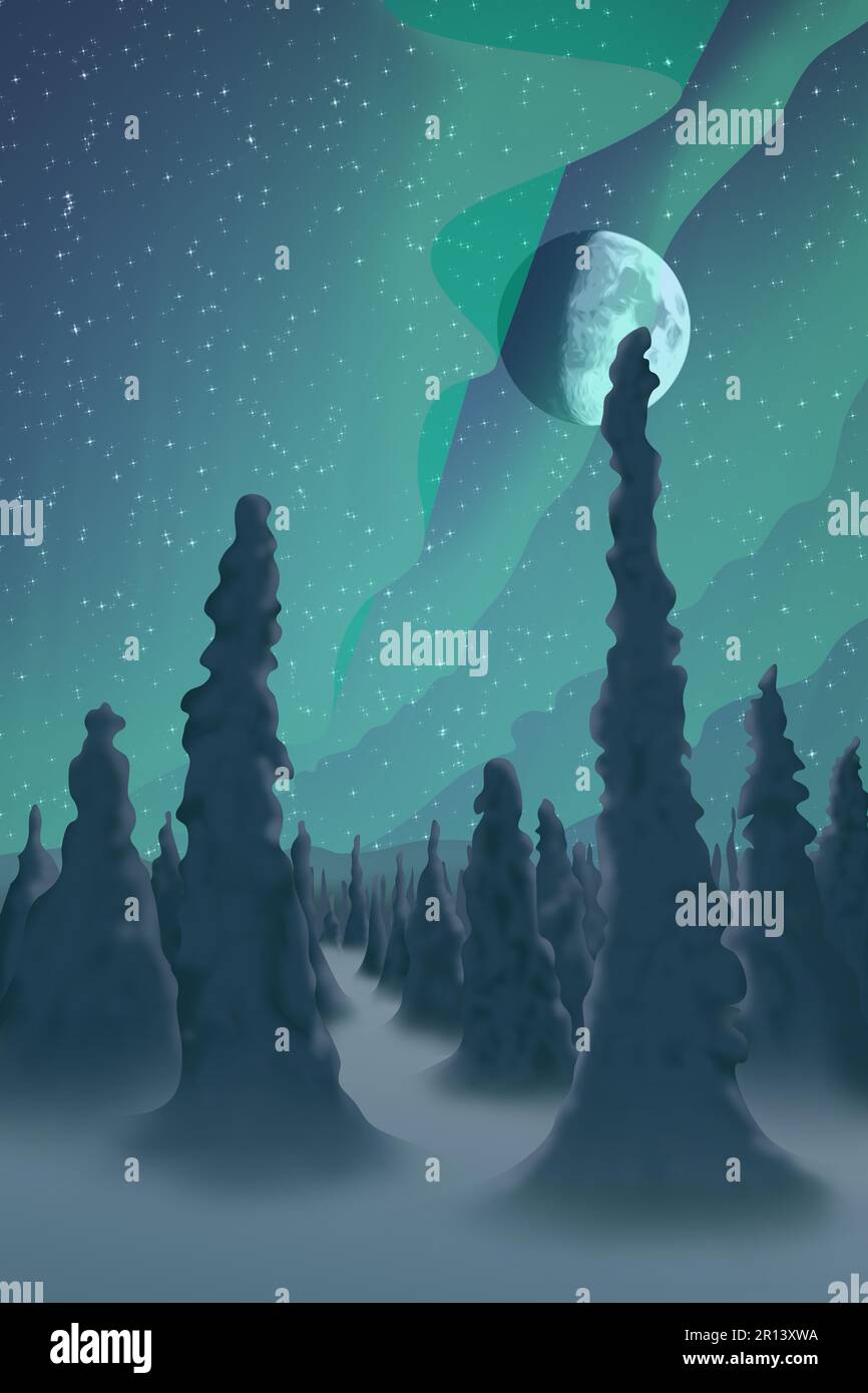 Digital artwork of northern Canadian landscape during winter season ...