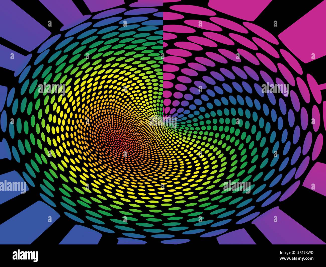Abstract artwork design of a rainbow colored circle pattern with black ...