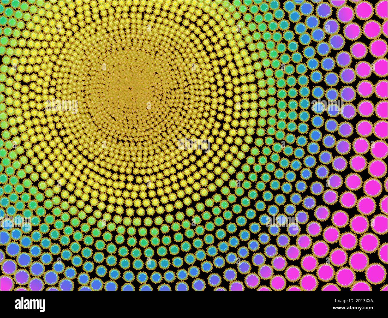 Abstract artwork design of a rainbow colored circle pattern with black ...
