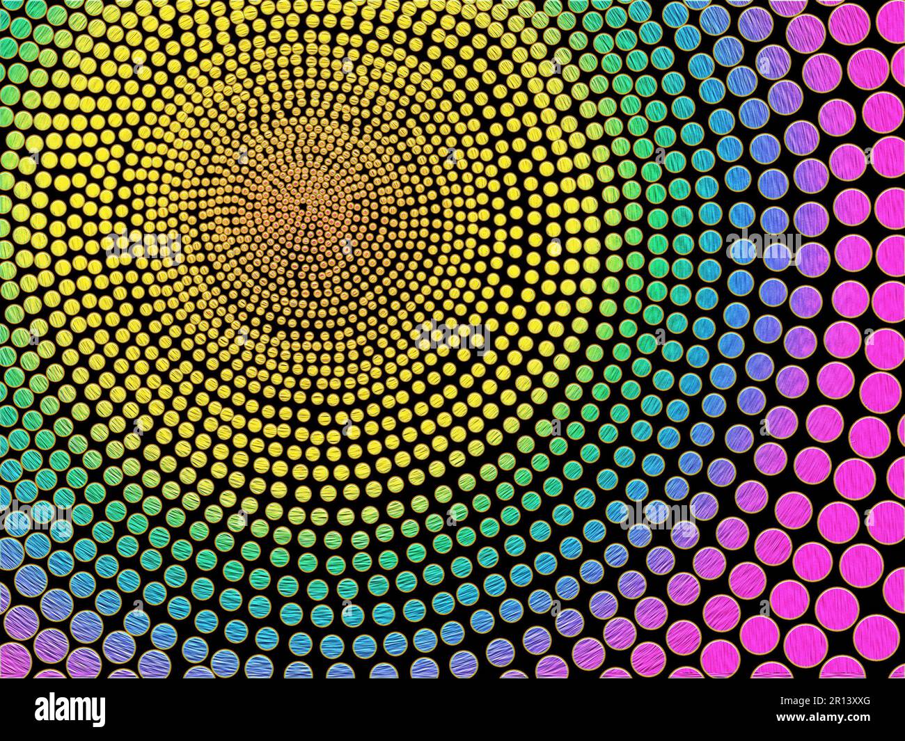 Abstract artwork design of a rainbow colored circle pattern with black ...