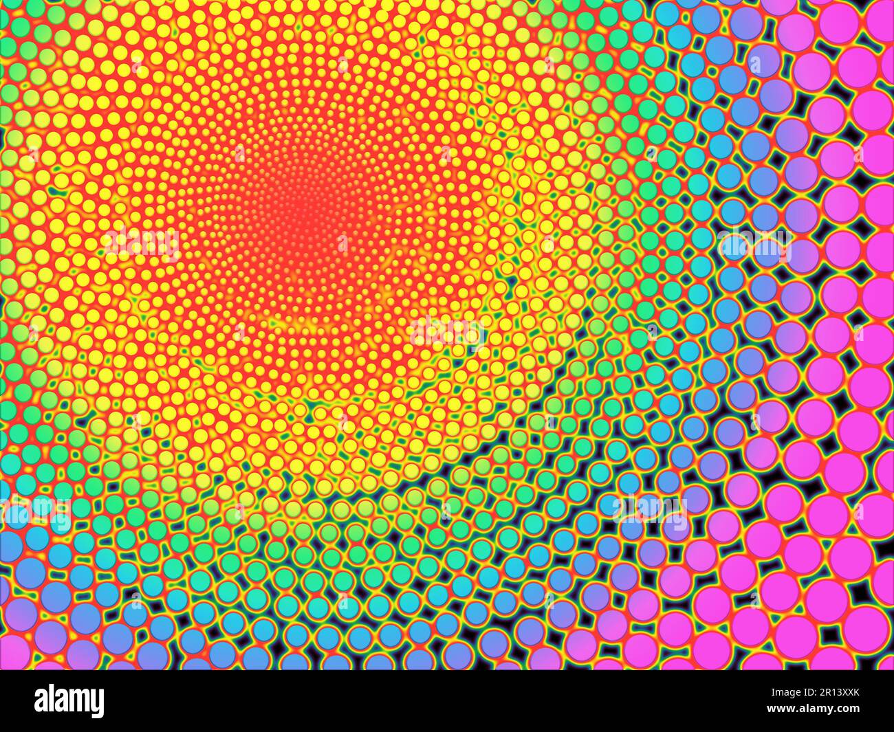 Abstract artwork design of a rainbow colored circle pattern with black ...