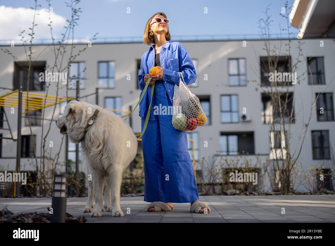 Woman carrying meshbag with fresh groceries while walking home with her ...