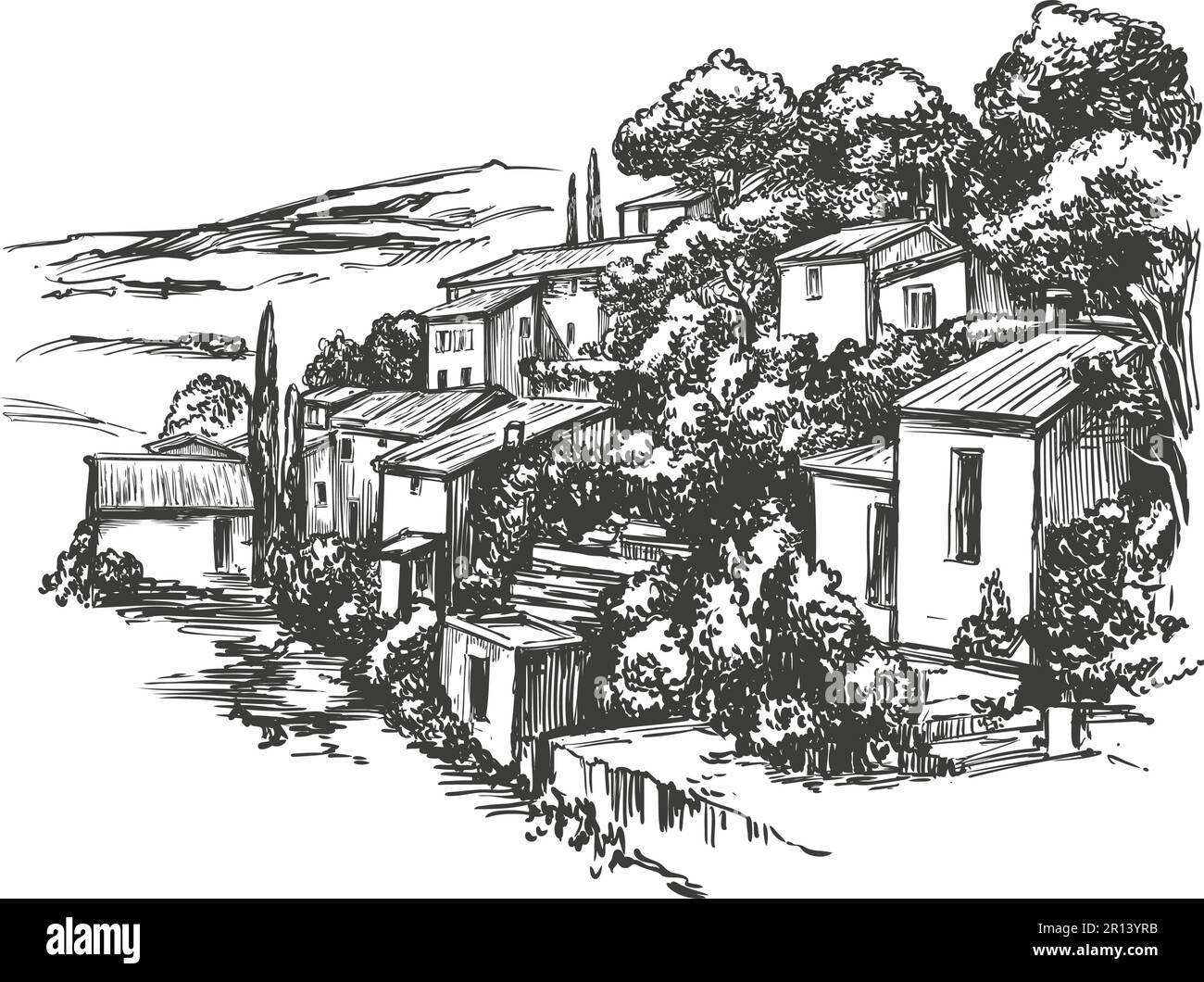 beautiful old, vintage street in a rural village, old architecture ...