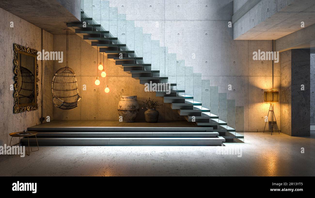 modern brutalist concrete interior 3d render Stock Photo - Alamy