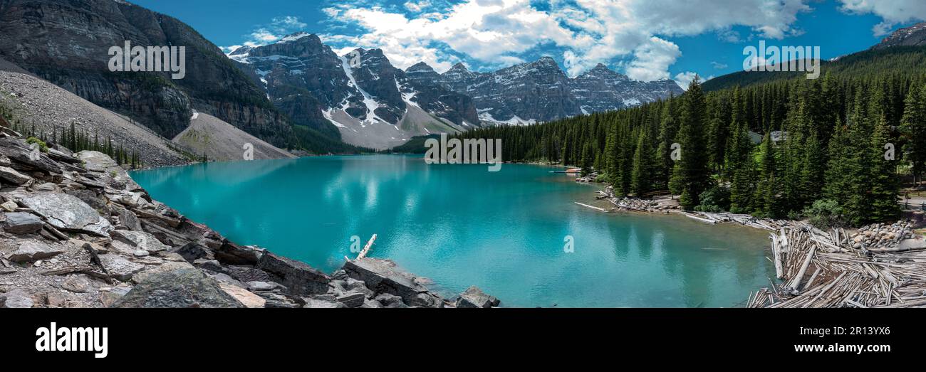 Panoramic view of Moraine Lake in Banff National Park, Canada. Summer ...
