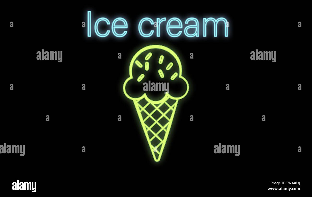 Neon glowing sign of icecream with glaze in circle frame on a dark ...