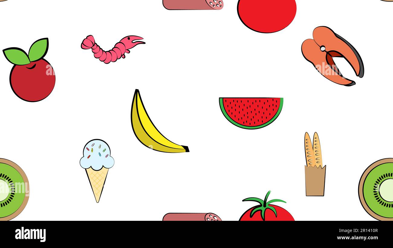 Endless white seamless pattern of delicious food and snack items icons ...