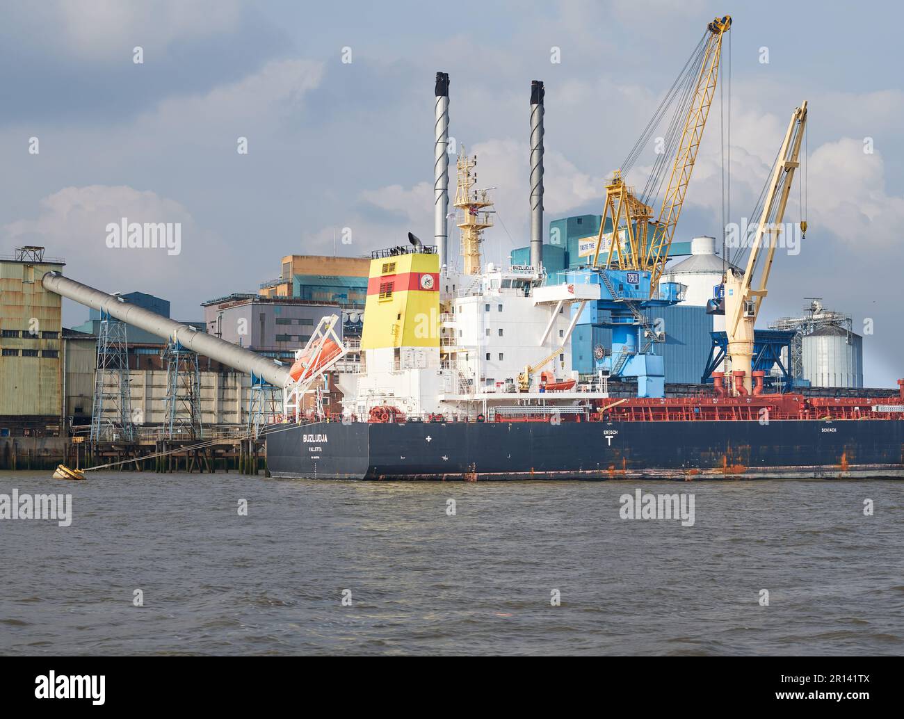 The Navibulgar ship Buzludja moored at a river Thames jetty with a ...
