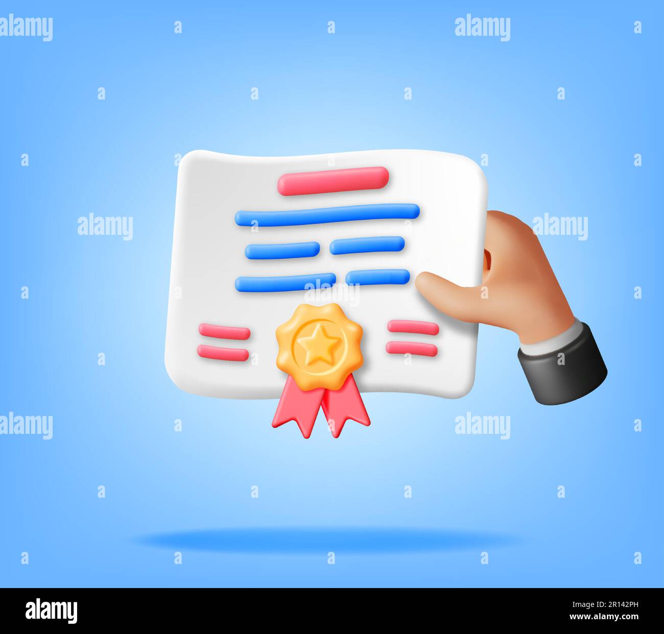 3D Certificate Icon with Stamp and Ribbon in Hand Stock Vector Image ...