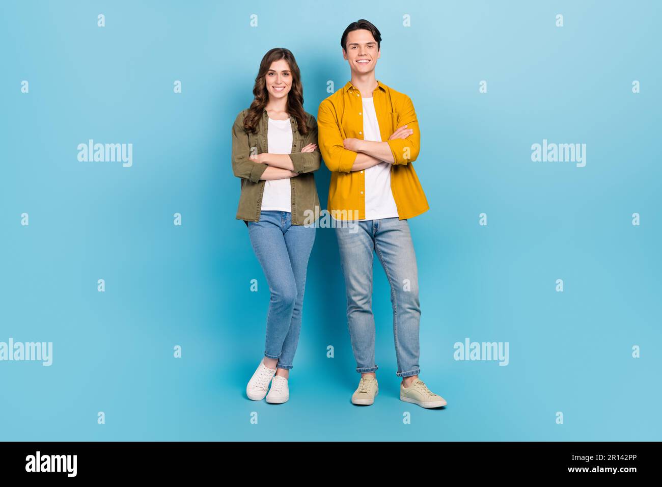 Full body length photo of positive young office managers wear smart ...