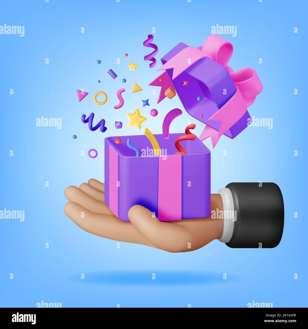 3D Open Gift Box With Falling Confetti in Hand Stock Vector Image & Art ...
