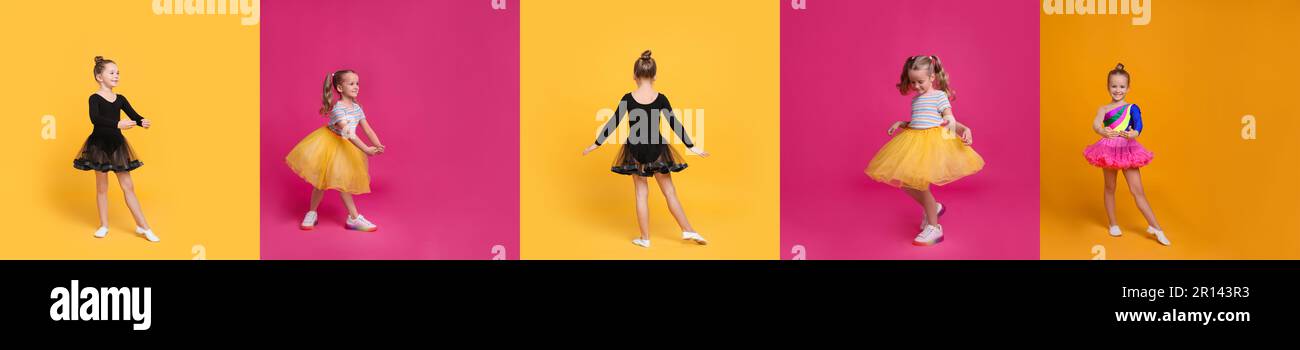 Collage with photos of cute little girls dancing on different color ...