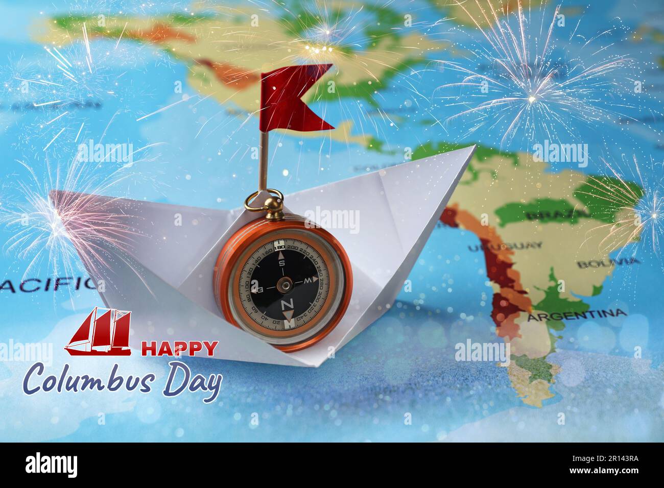 Happy Columbus Day. White paper boat with compass on world map Stock ...