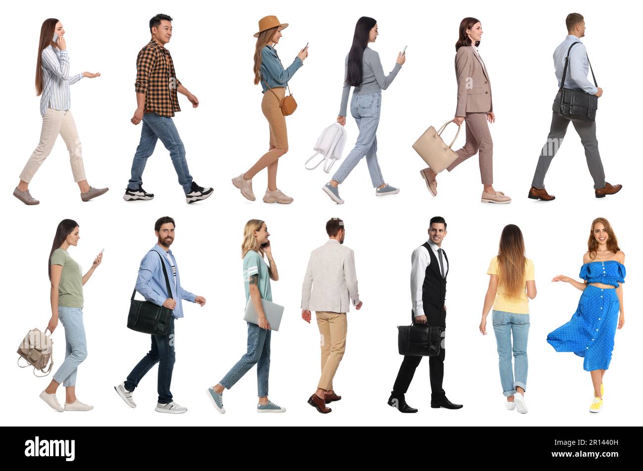 Collage with photos of people wearing stylish outfit walking on white ...