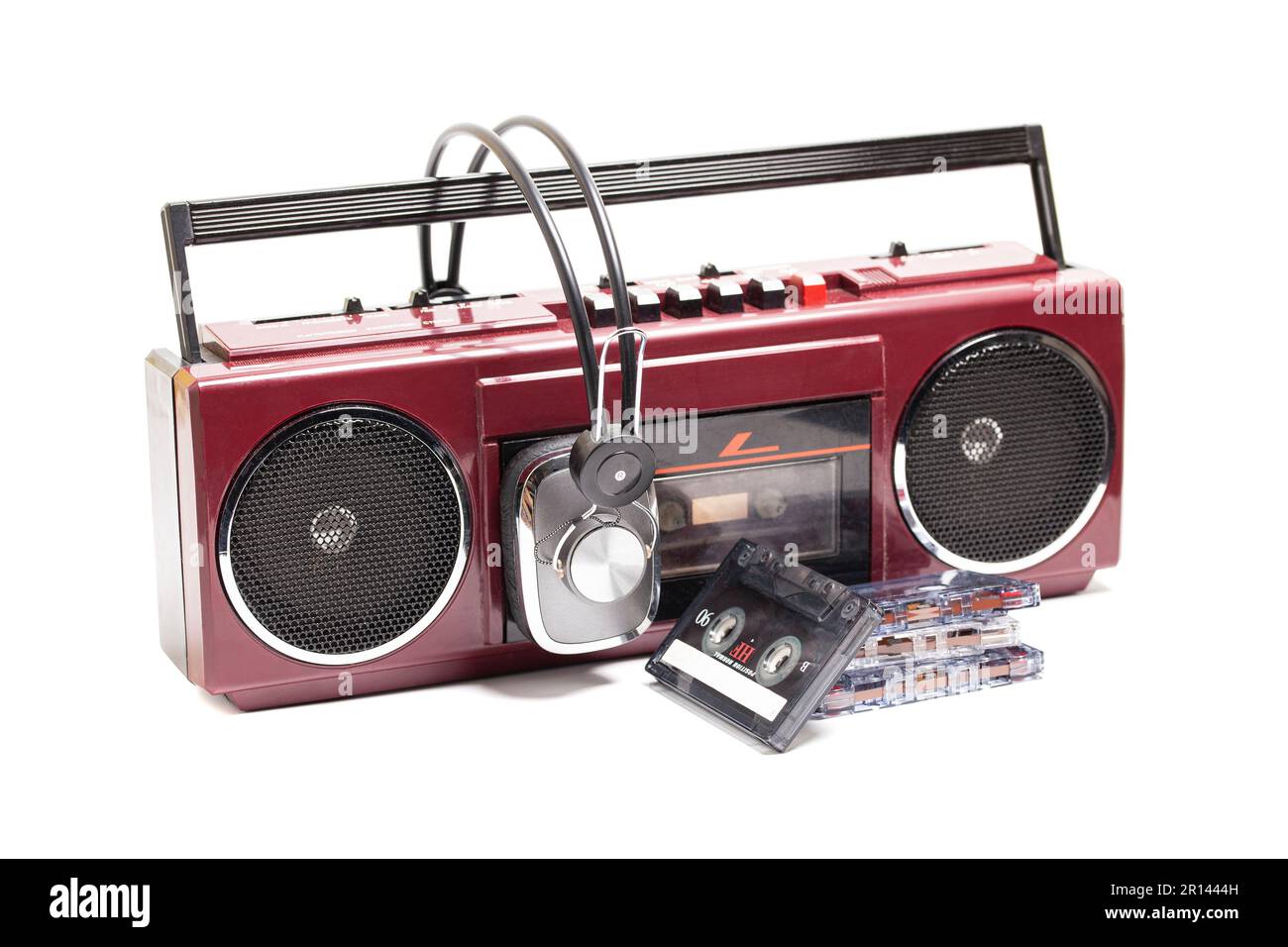 Retro portable stereo cassette recorder from 80s. with headphones and Audio cassette tape Stock ...
