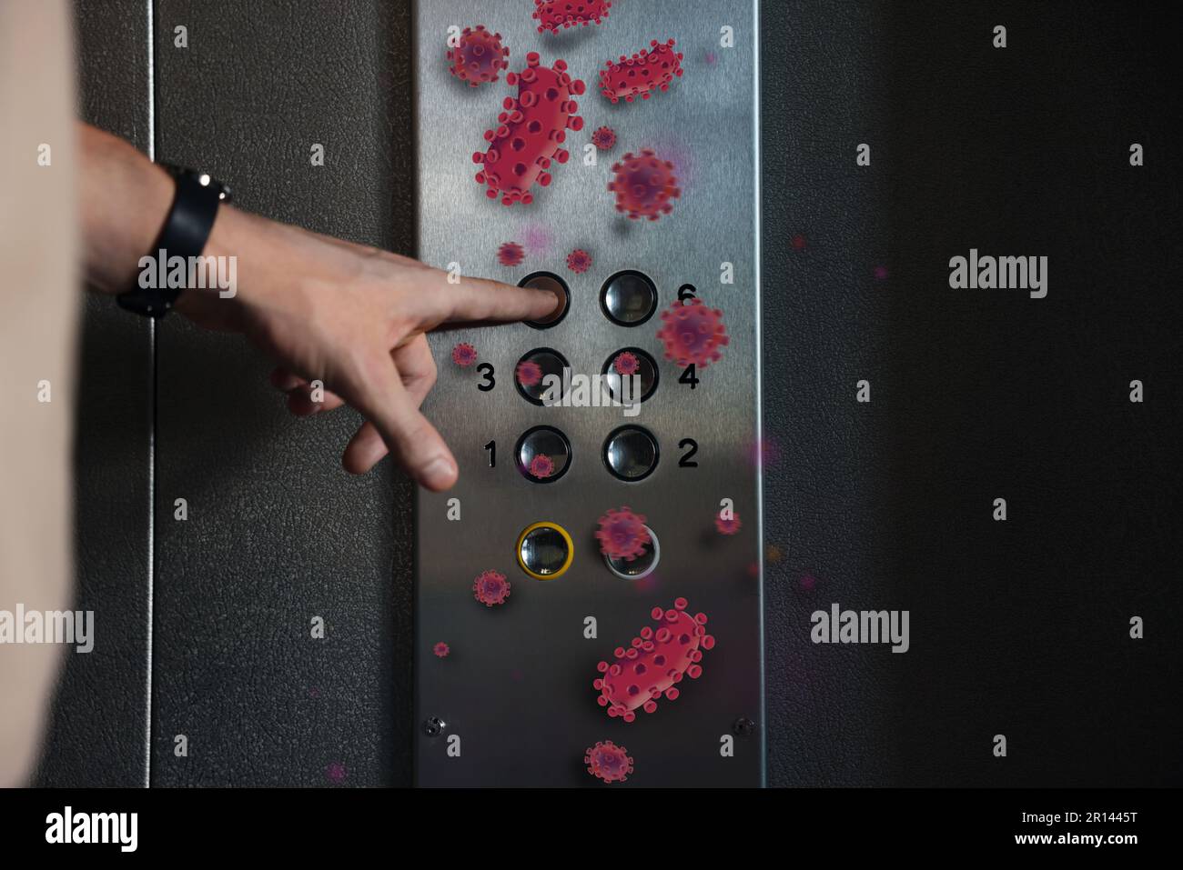 Man press button in elevator with germs, closeup Stock Photo - Alamy