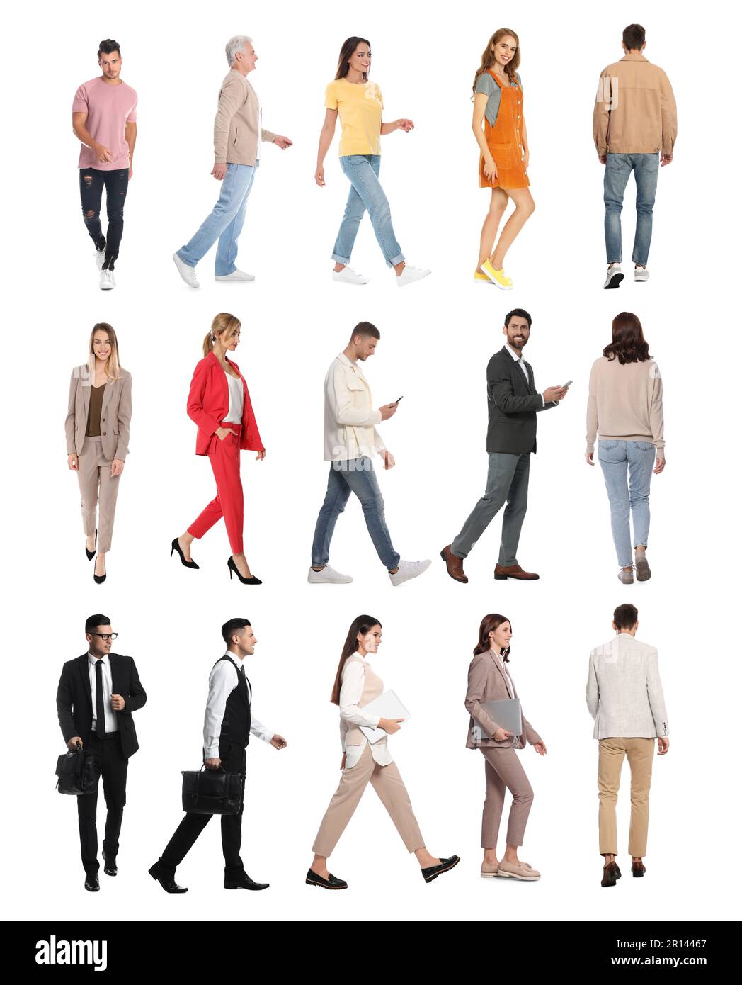 Collage with photos of people wearing stylish outfit walking on white ...