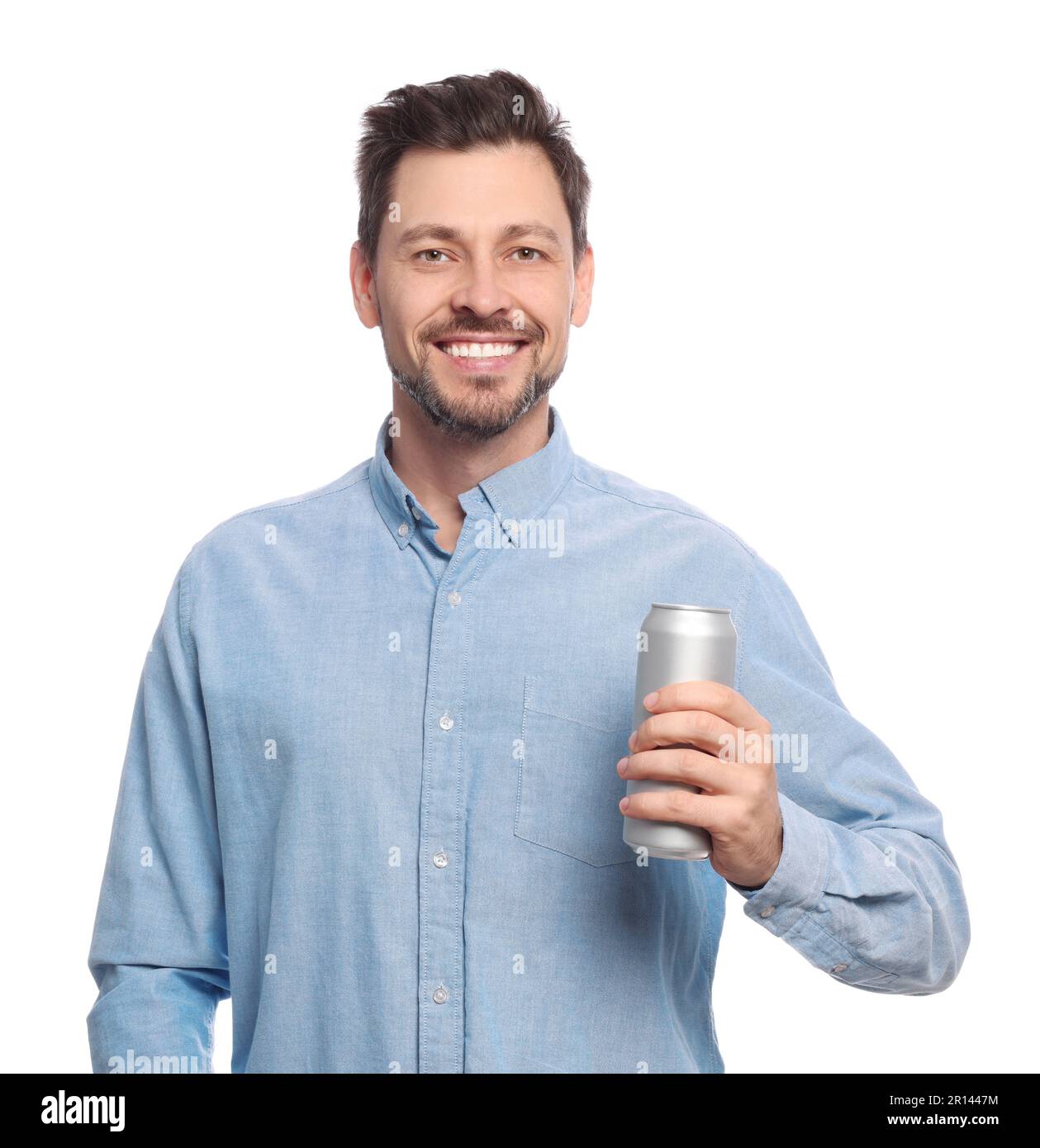 Happy man holding tin can with beverage on white background Stock Photo ...