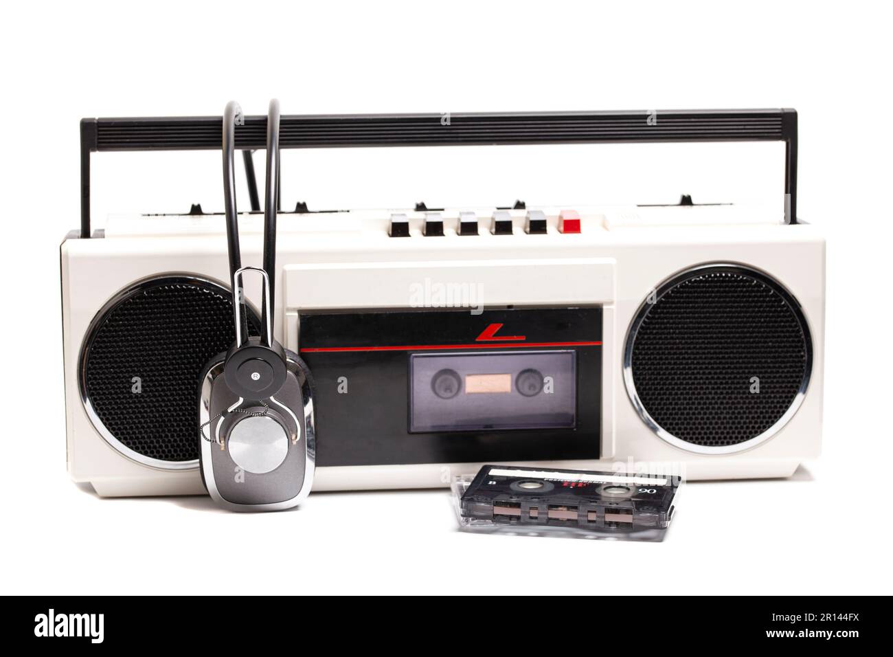 Retro portable stereo cassette recorder from 80s. with headphones and Audio cassette tape Stock ...