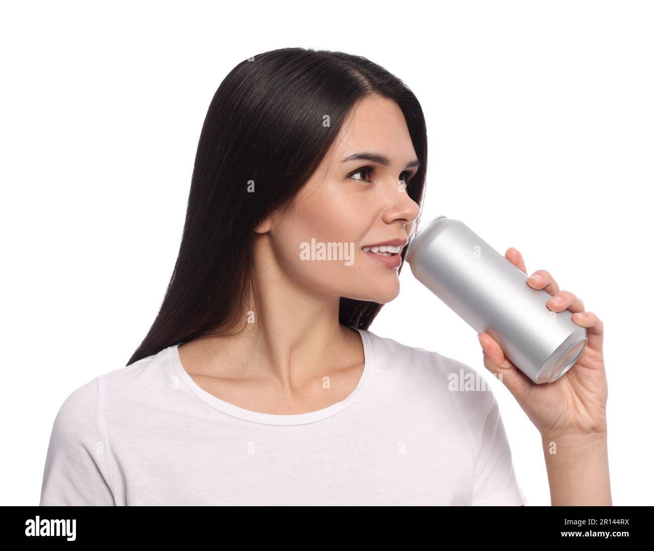 Beautiful young woman drinking from tin can on white background Stock ...