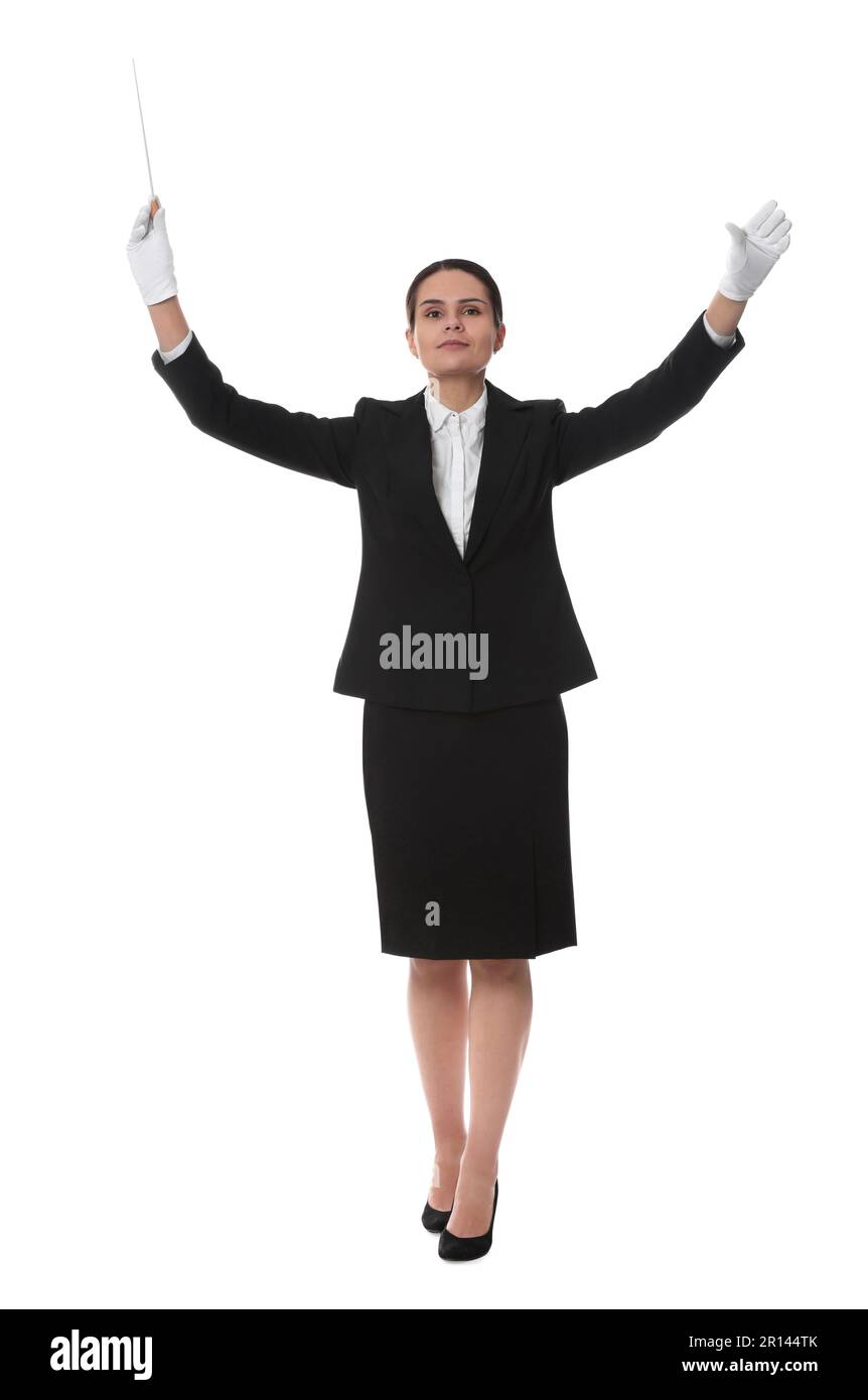 Professional young conductor with baton on white background Stock Photo ...