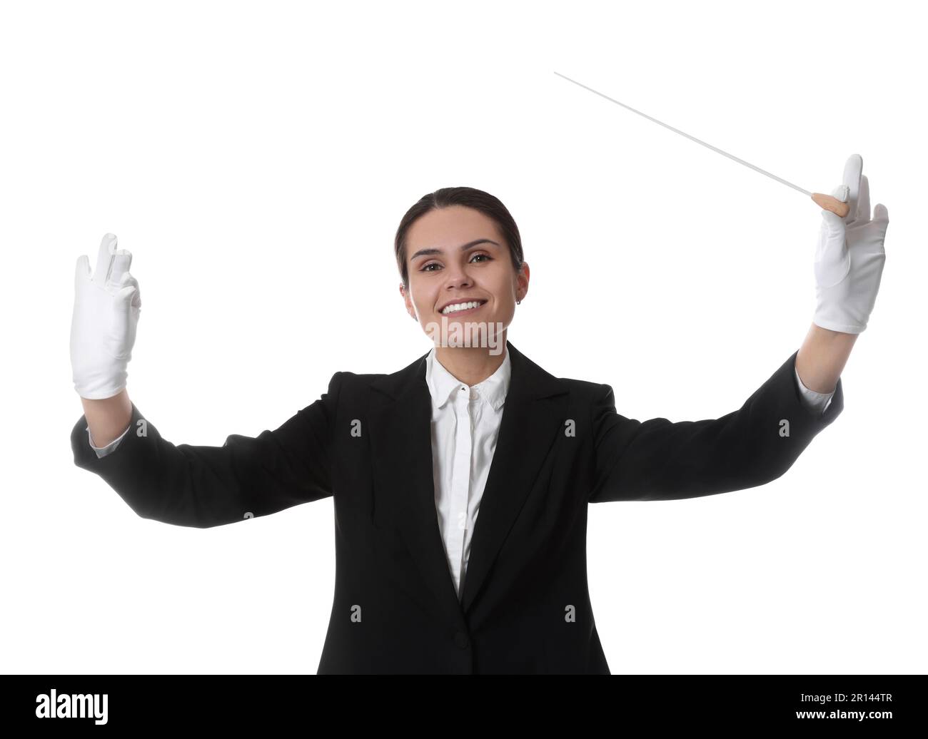 Happy young conductor with baton on white background Stock Photo - Alamy