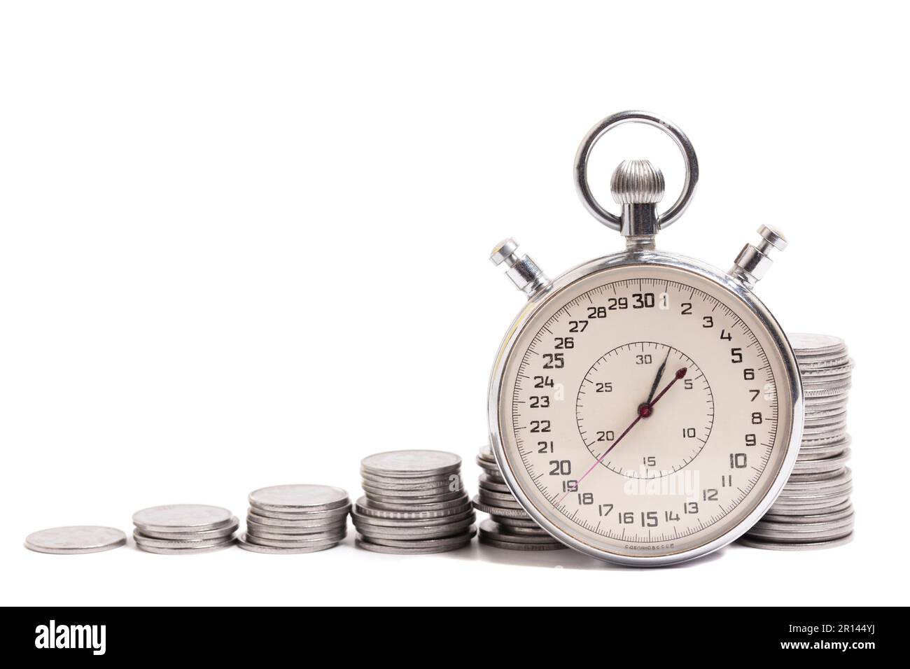 Time is money. Stopwatch and stacks of coins Stock Photo - Alamy