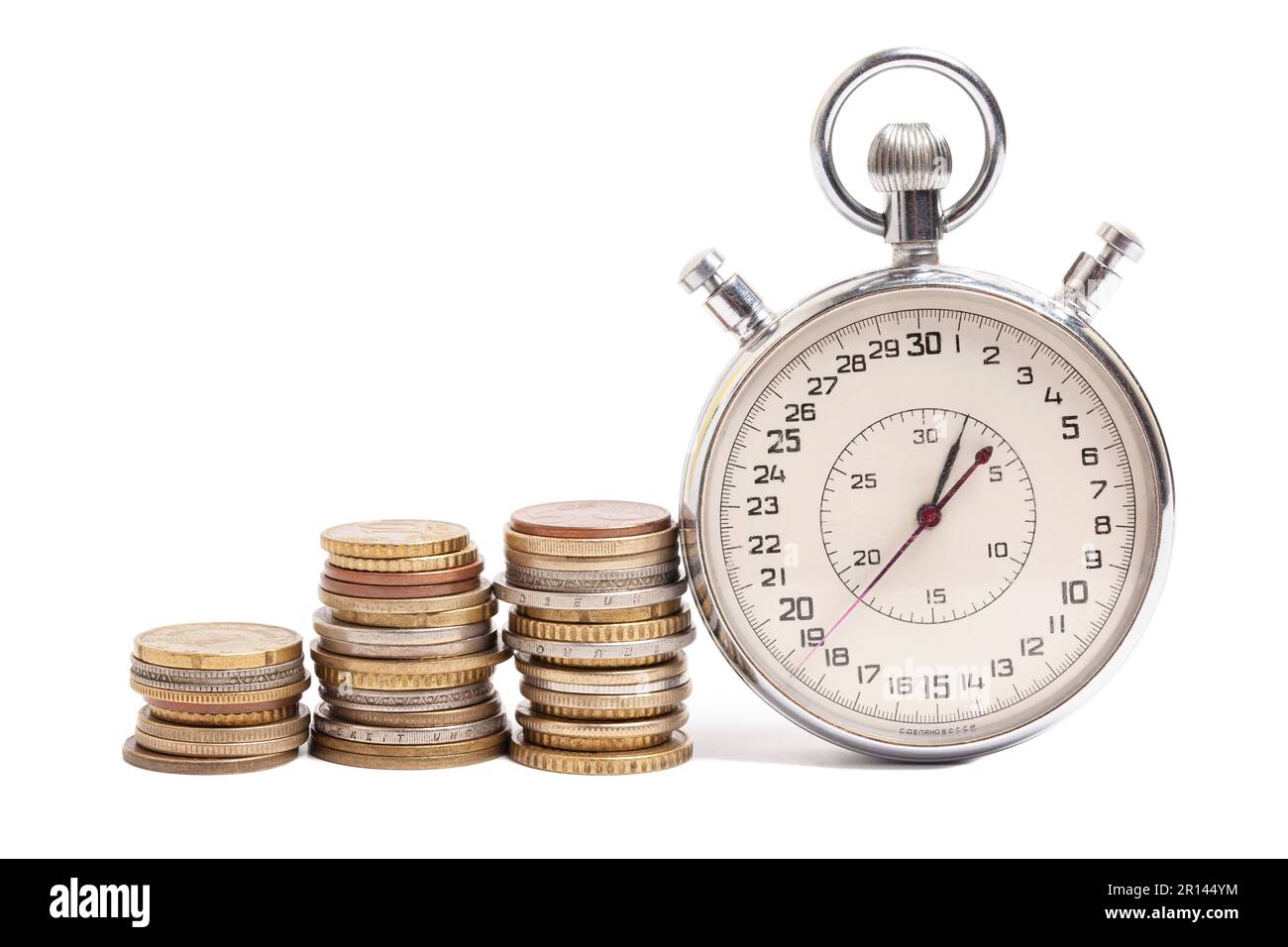 Time is money. Stopwatch and stacks of coins Stock Photo - Alamy