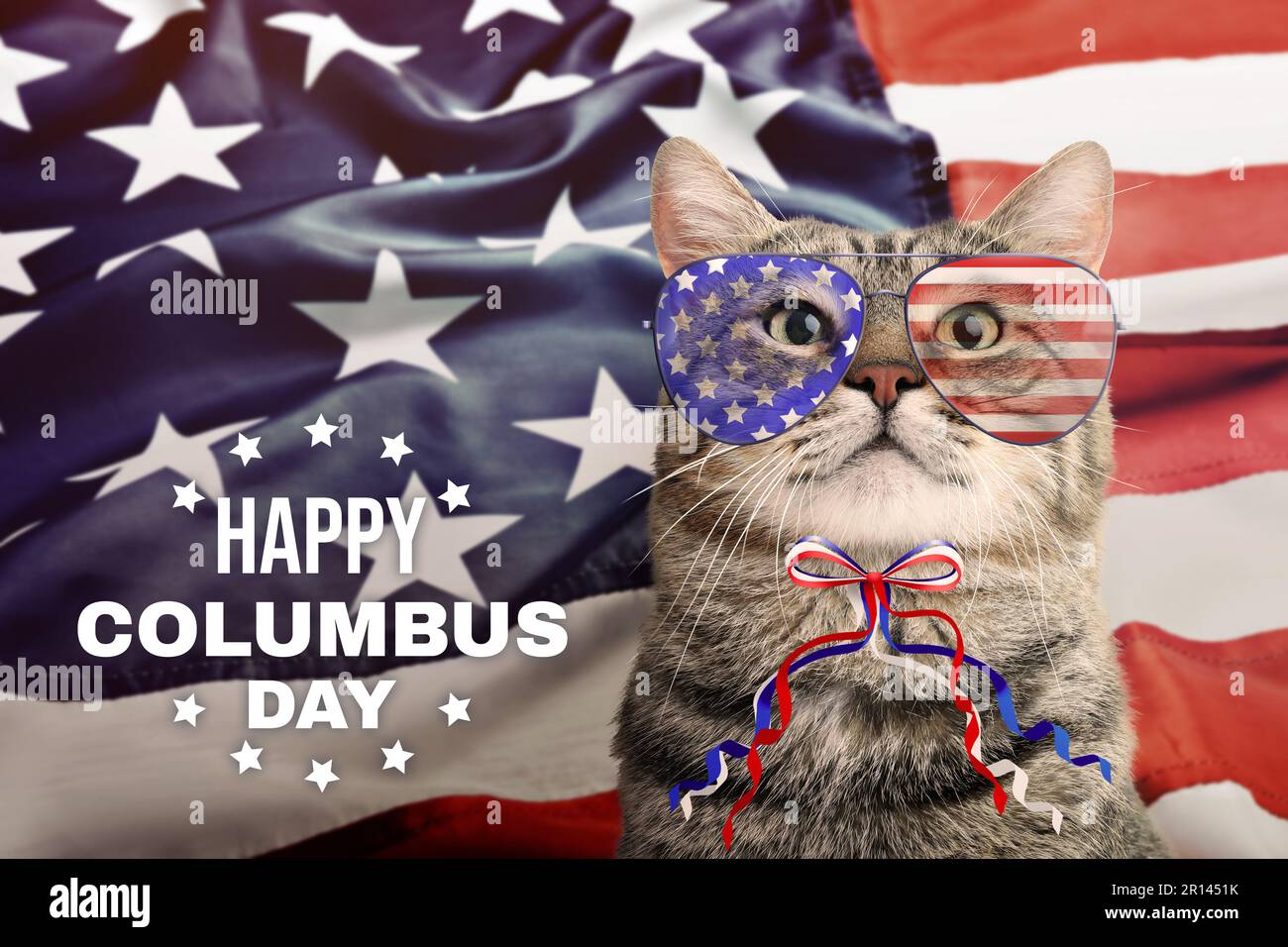 Happy Columbus Day. Cute cat with sunglasses and bow and American flag ...