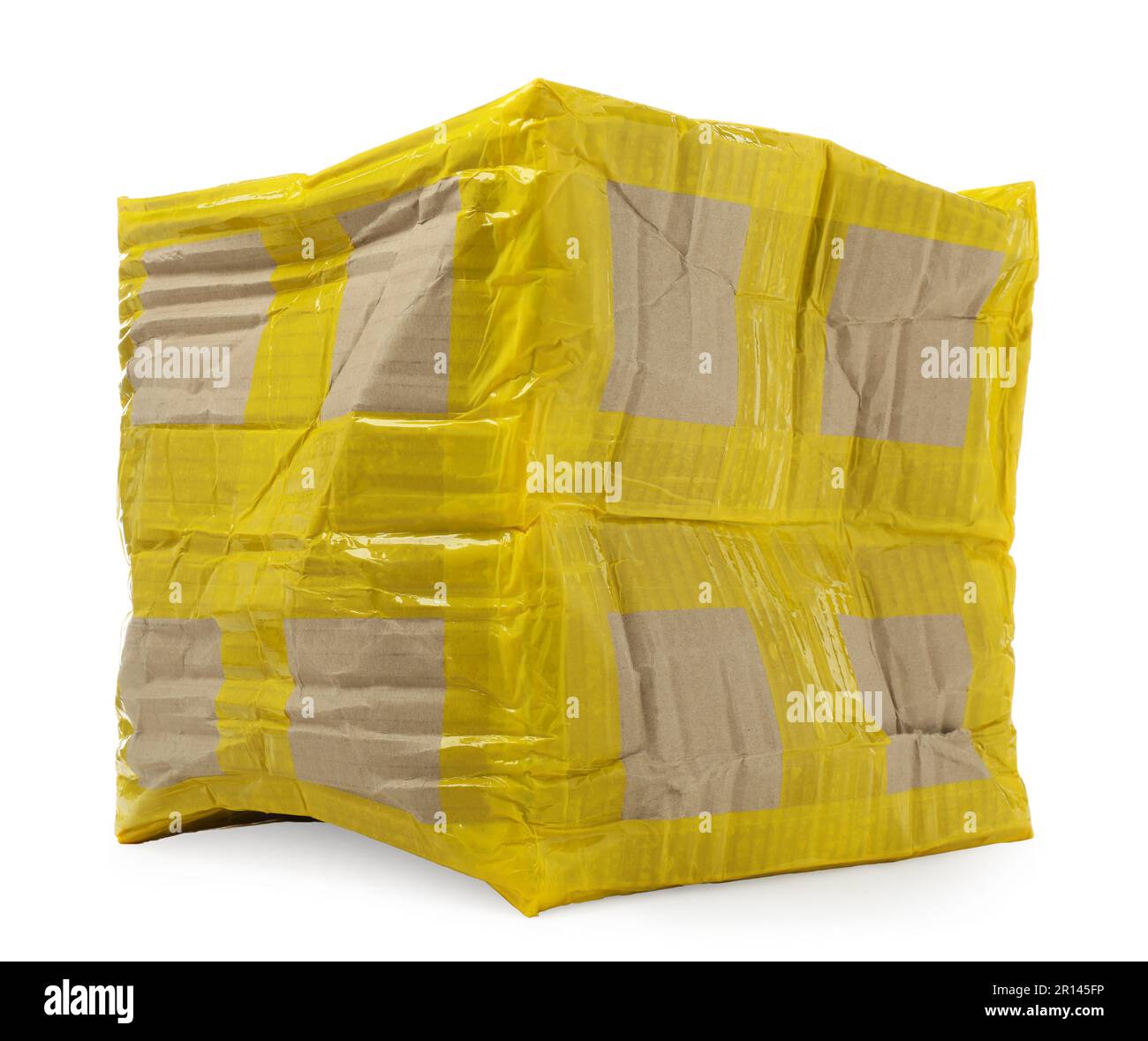 Crumpled cardboard parcel box with yellow sticky tape on white ...